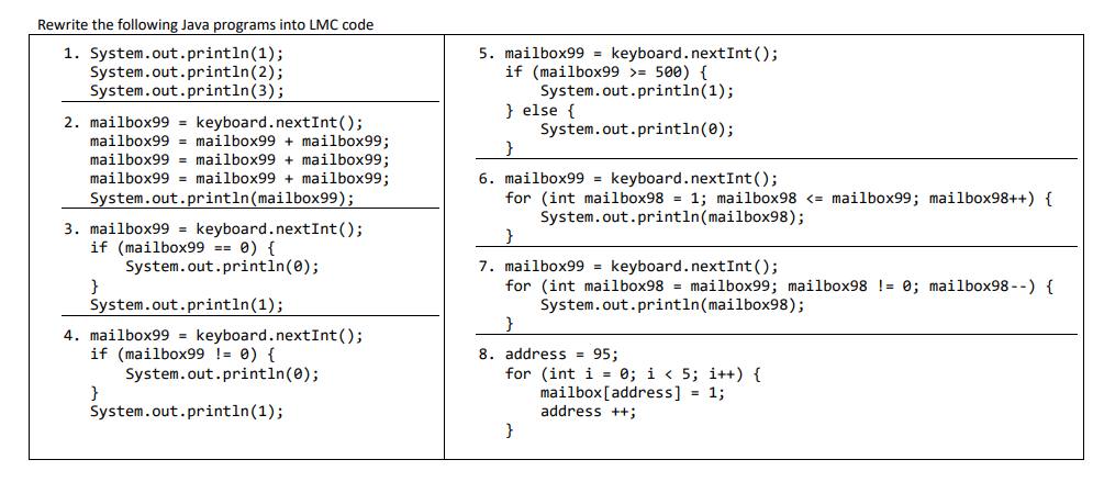Rewrite the following Java programs into LMC code 1. | Chegg.com