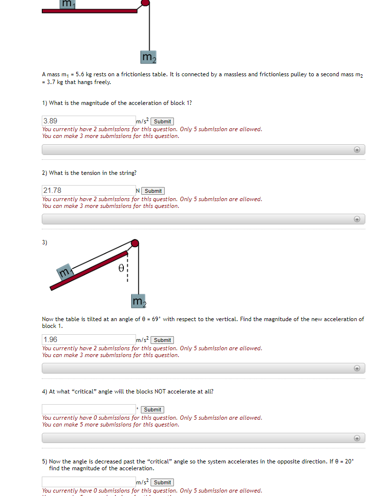 Solved A mass m1=5.6 kg rests on a frictionless table. It is | Chegg.com