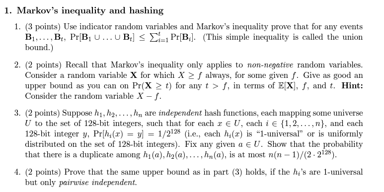 Markov's inequality and hashing 1. (3 points) Use | Chegg.com