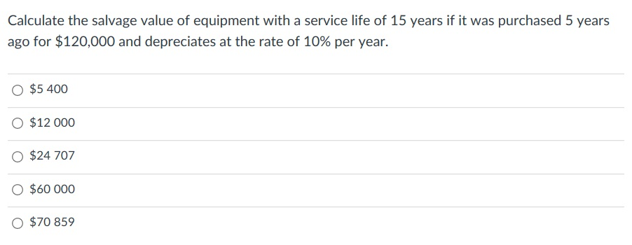 Solved Calculate the salvage value of equipment with a | Chegg.com