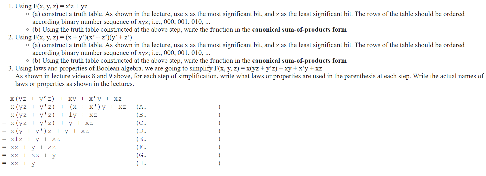 Solved 1. Using F(x,y,z)=x′z+yz - (a) construct a truth | Chegg.com