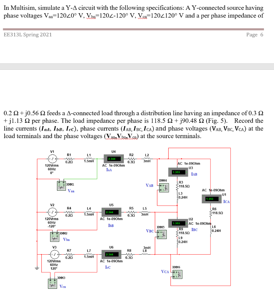 Solved In Multisim, simulate a Y-A circuit with the | Chegg.com