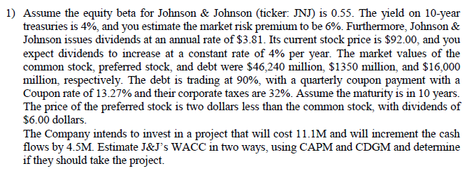 Solved 1) Assume the equity beta for Johnson & Johnson | Chegg.com