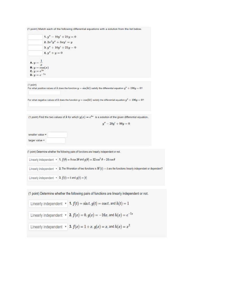 Solved (1 point) Match each of the following differential | Chegg.com