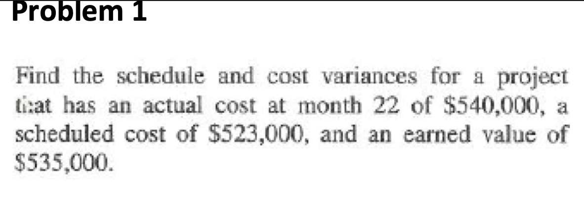 Solved Problem 1 Find the schedule and cost variances for a | Chegg.com