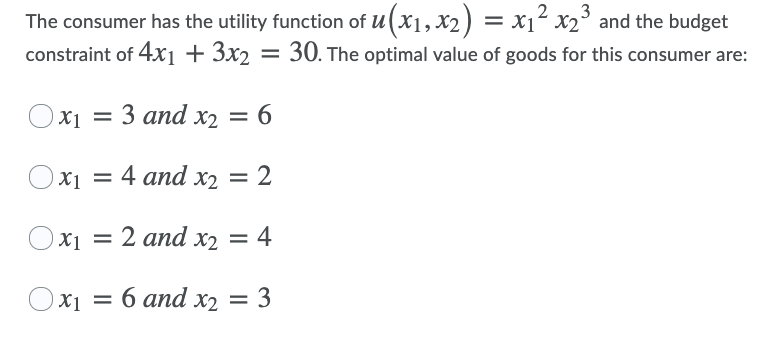 Solved The consumer has the utility function of u(x1,x2) = | Chegg.com