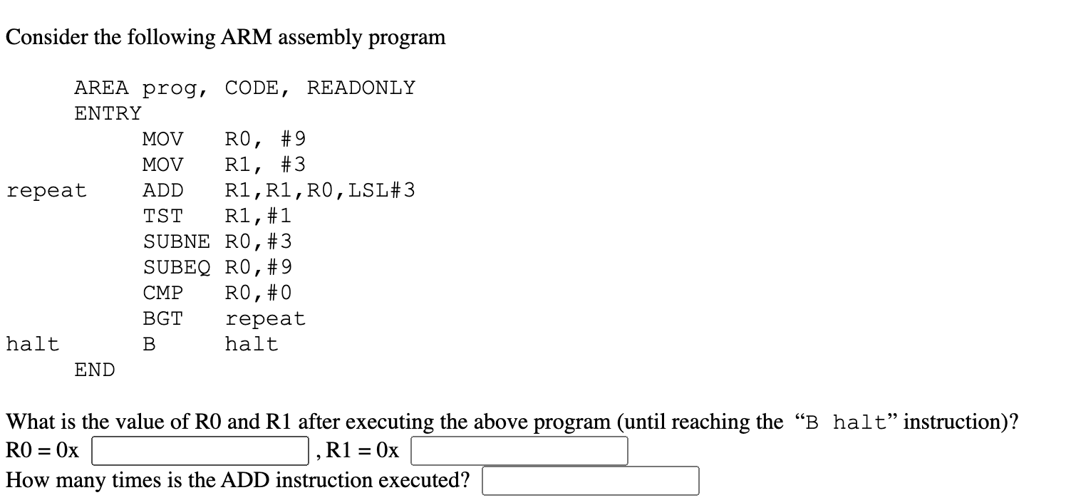 Solved Consider the following ARM assembly program AREA | Chegg.com