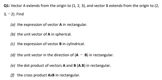 Solved Q1: Vector A extends from the origin to (1,2,3), and | Chegg.com