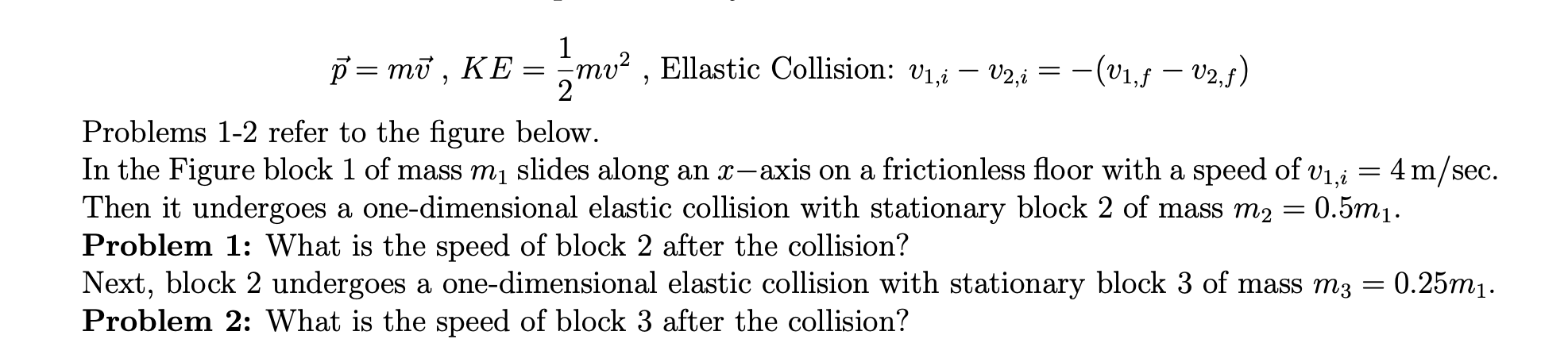 Solved p= mū, KE = -mv2 , Ellastic Collision: V1,i – V2,i = | Chegg.com