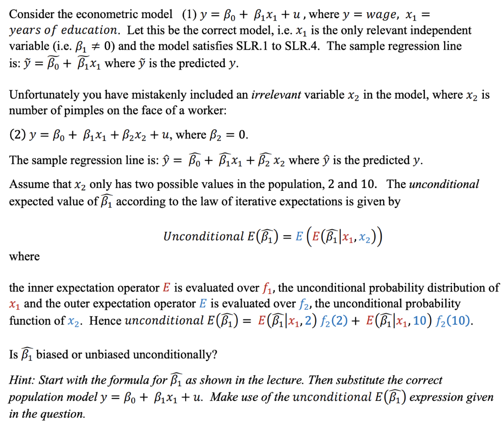 Consider the econometric model (1) y = Bo + B1X1 + u | Chegg.com