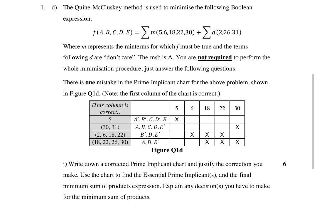 Solved 1. d) The Quine-McCluskey method is used to minimise | Chegg.com