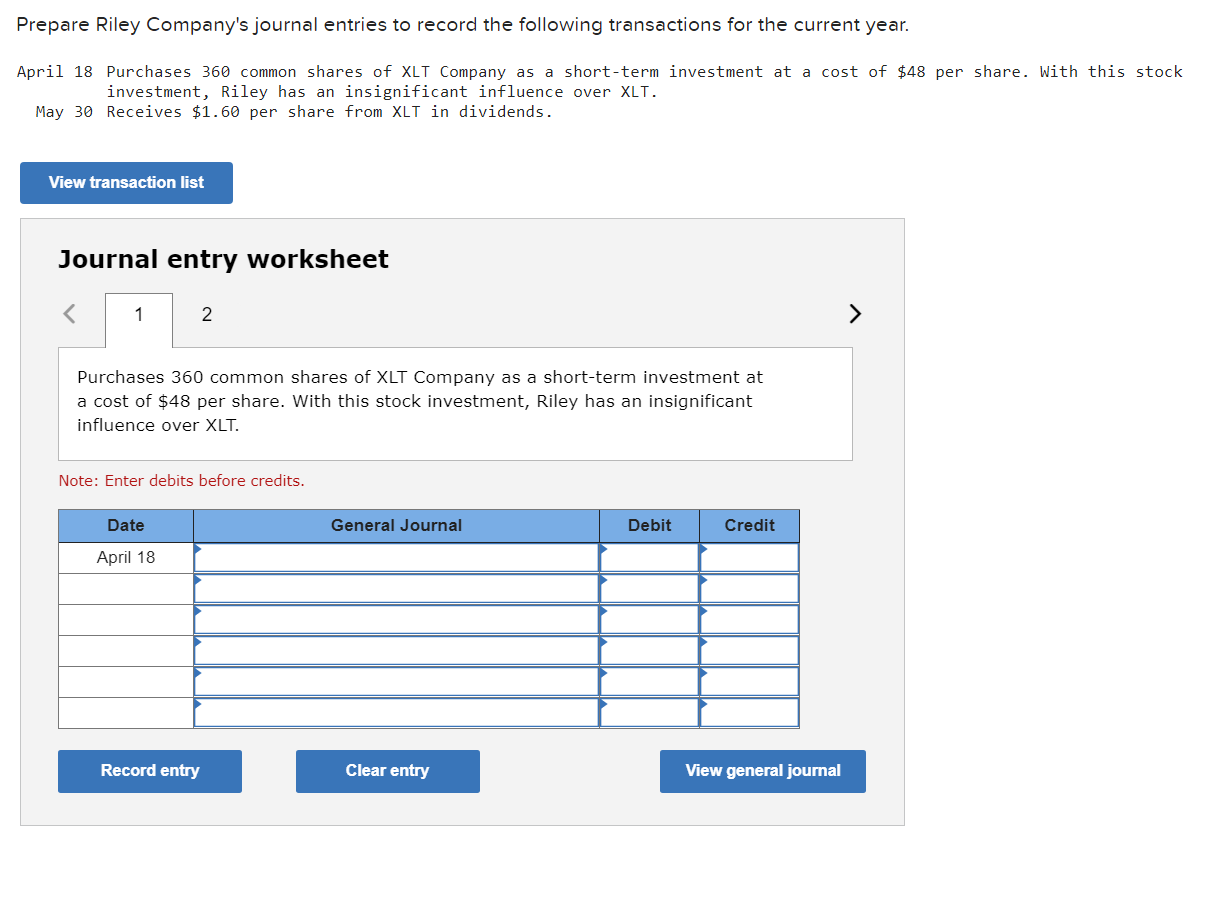 Solved Prepare Riley Company's journal entries to record the | Chegg.com