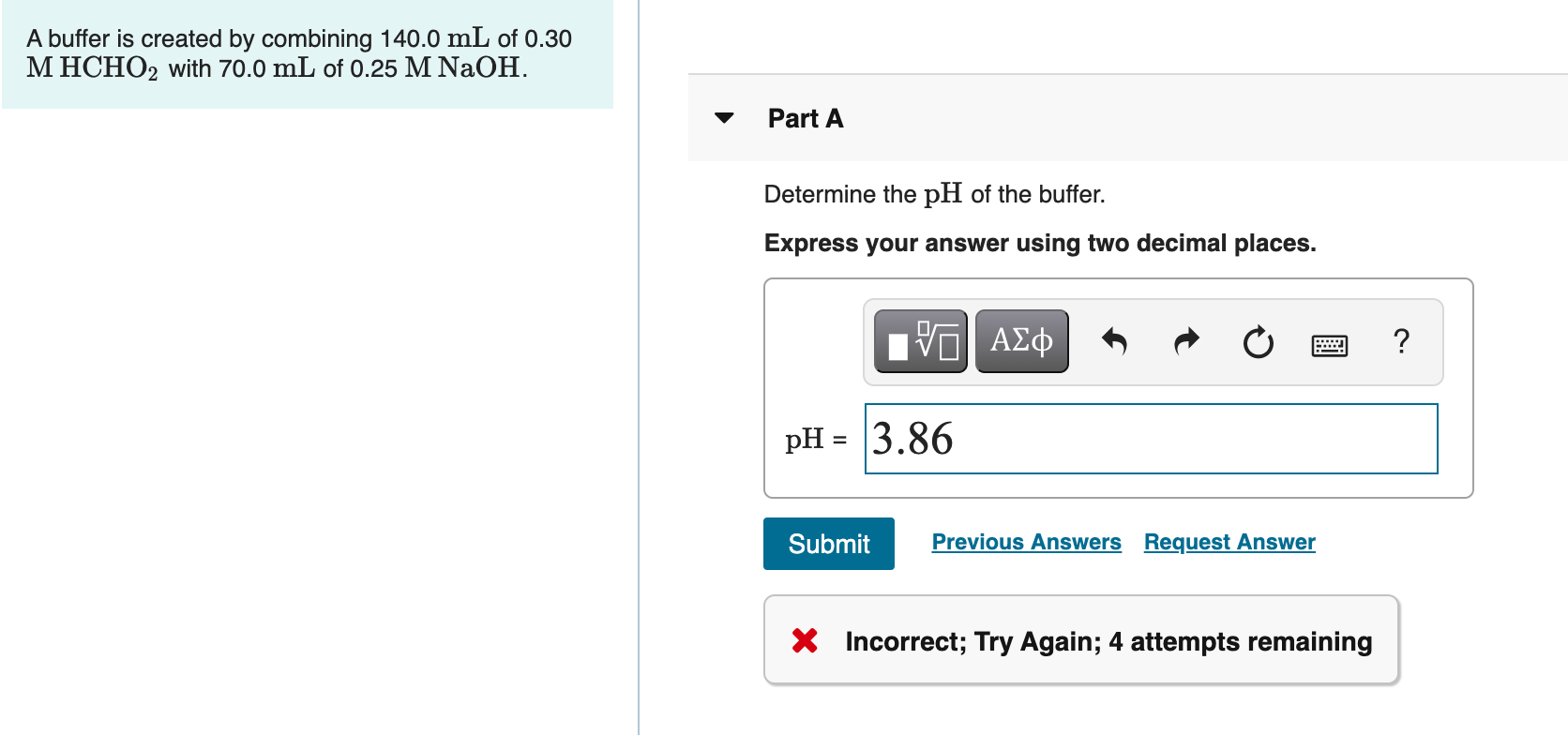 Solved A buffer is created by combining 140.0 mL of 0.30 | Chegg.com