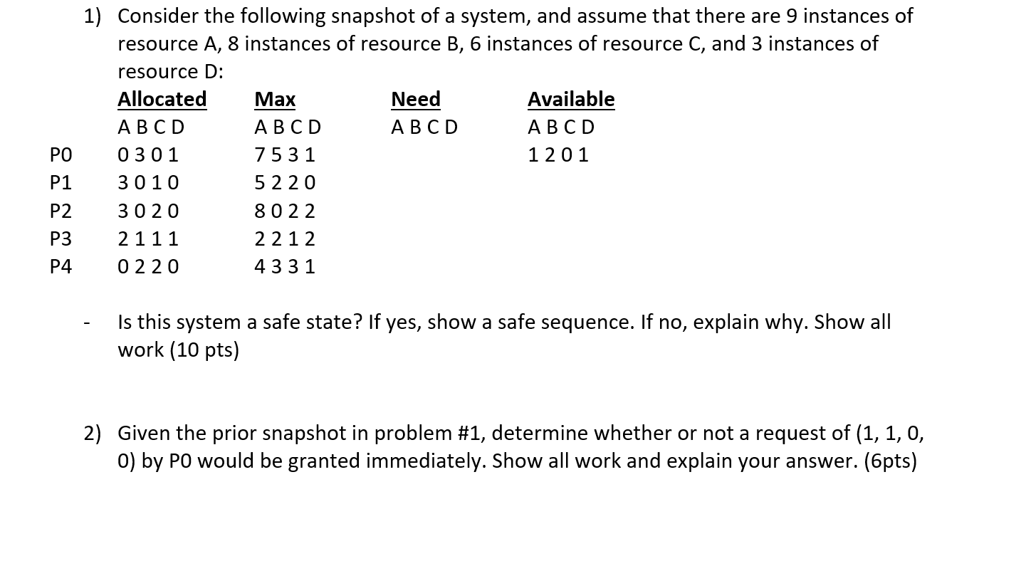 Solved 1) Consider the following snapshot of a system, and | Chegg.com