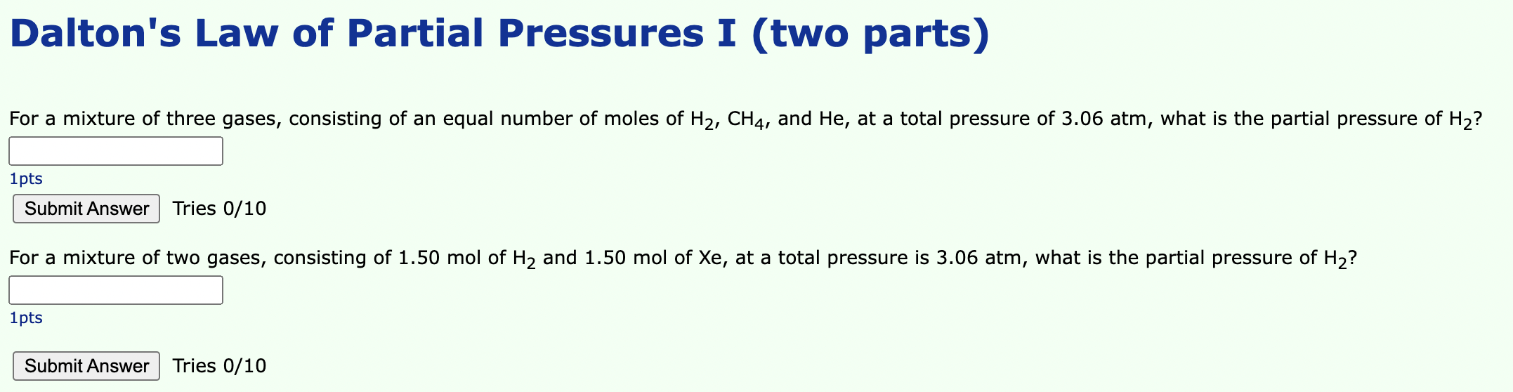Solved Dalton's Law of Partial Pressures I (two parts) For a | Chegg.com