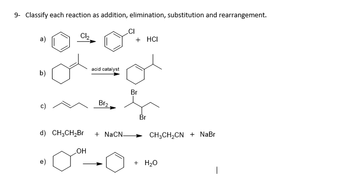 Solved 9- Classify each reaction as addition, elimination, | Chegg.com