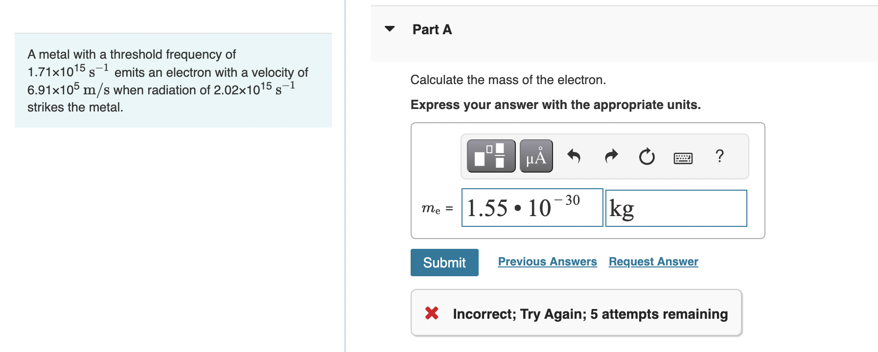 Solved A metal with a threshold frequency of 1.71\times | Chegg.com