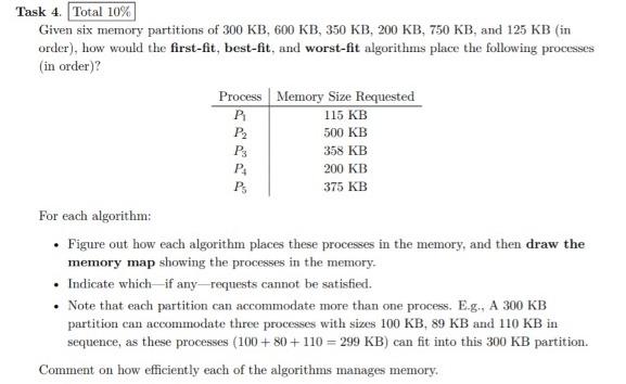 Solved Ps P Task 4. Total 10% Given six memory partitions of | Chegg.com
