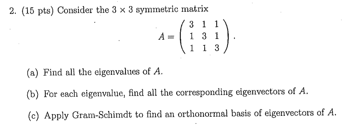 Solved 2. (15 pts) Consider the 3 x 3 symmetric matrix 3 1 1 | Chegg.com