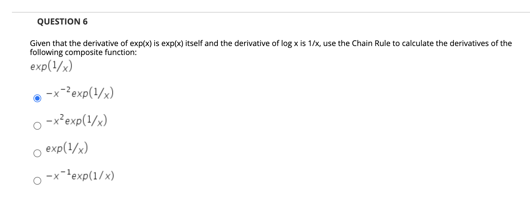 Solved QUESTION 6 Given that the derivative of exp(x) is | Chegg.com