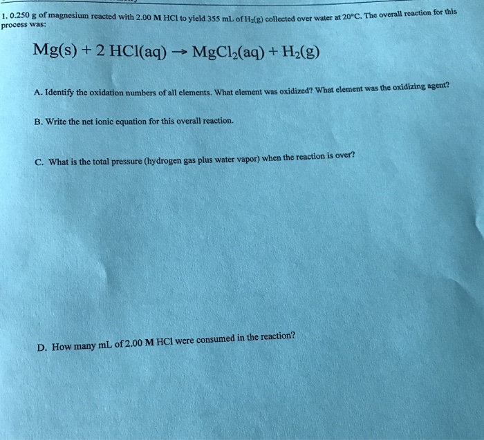 Solved c. The overall reaction for this process was: Mg(s) 2 | Chegg.com