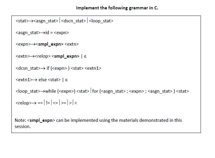 Solved Implement the following grammar in C. + | | >id = | Chegg.com