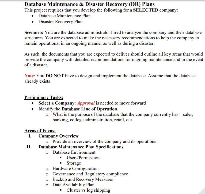 Solved Database Maintenance \& Disaster Recovery (DR) Plans | Chegg.com