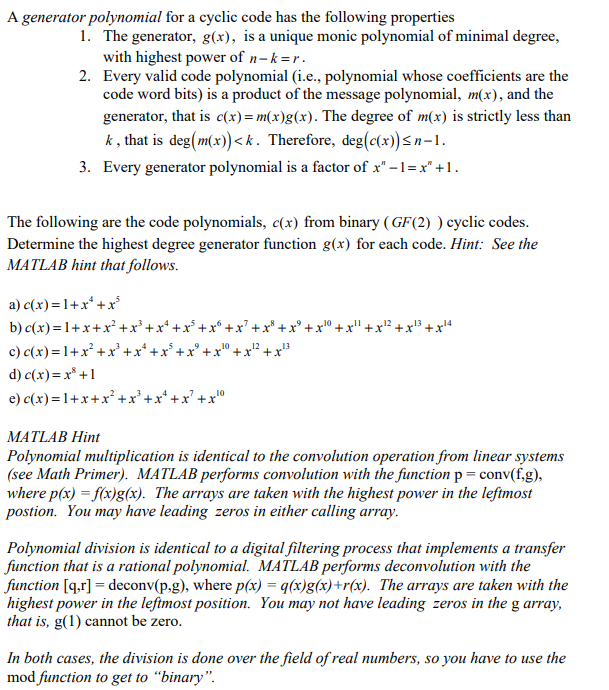 Solved A Generator Polynomial For A Cyclic Code Has The