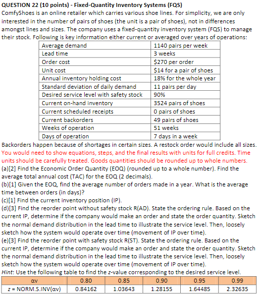 Solved QUESTION 22 (10 points) - Fixed-Quantity Inventory | Chegg.com