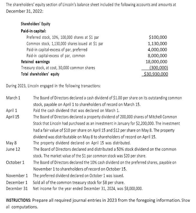 Solved The shareholders' equity section of Lincoln's balance | Chegg.com