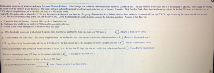 Solved Unsecured sources of short-term loans Personal | Chegg.com