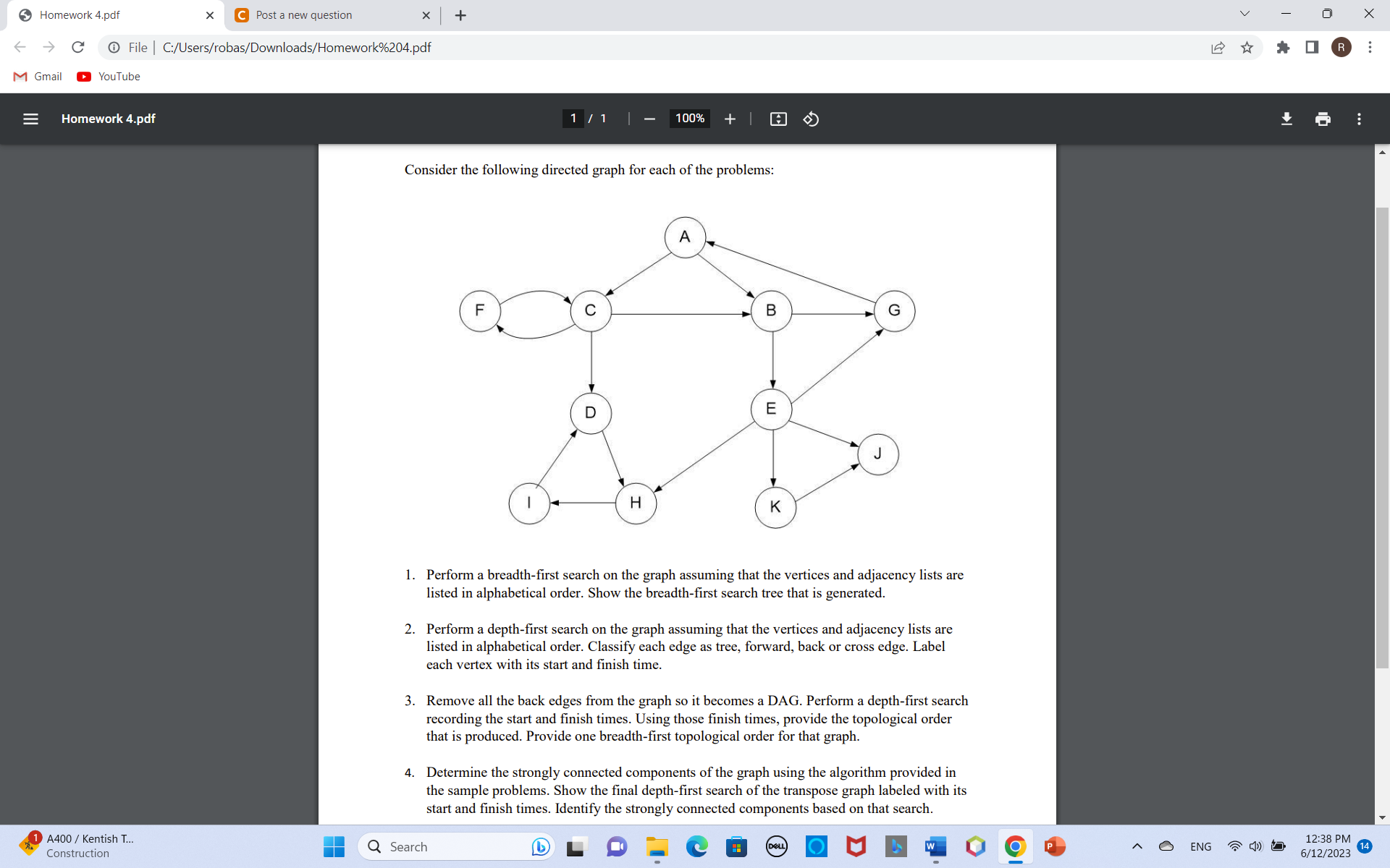 Solved Consider the following directed graph for each of the | Chegg.com