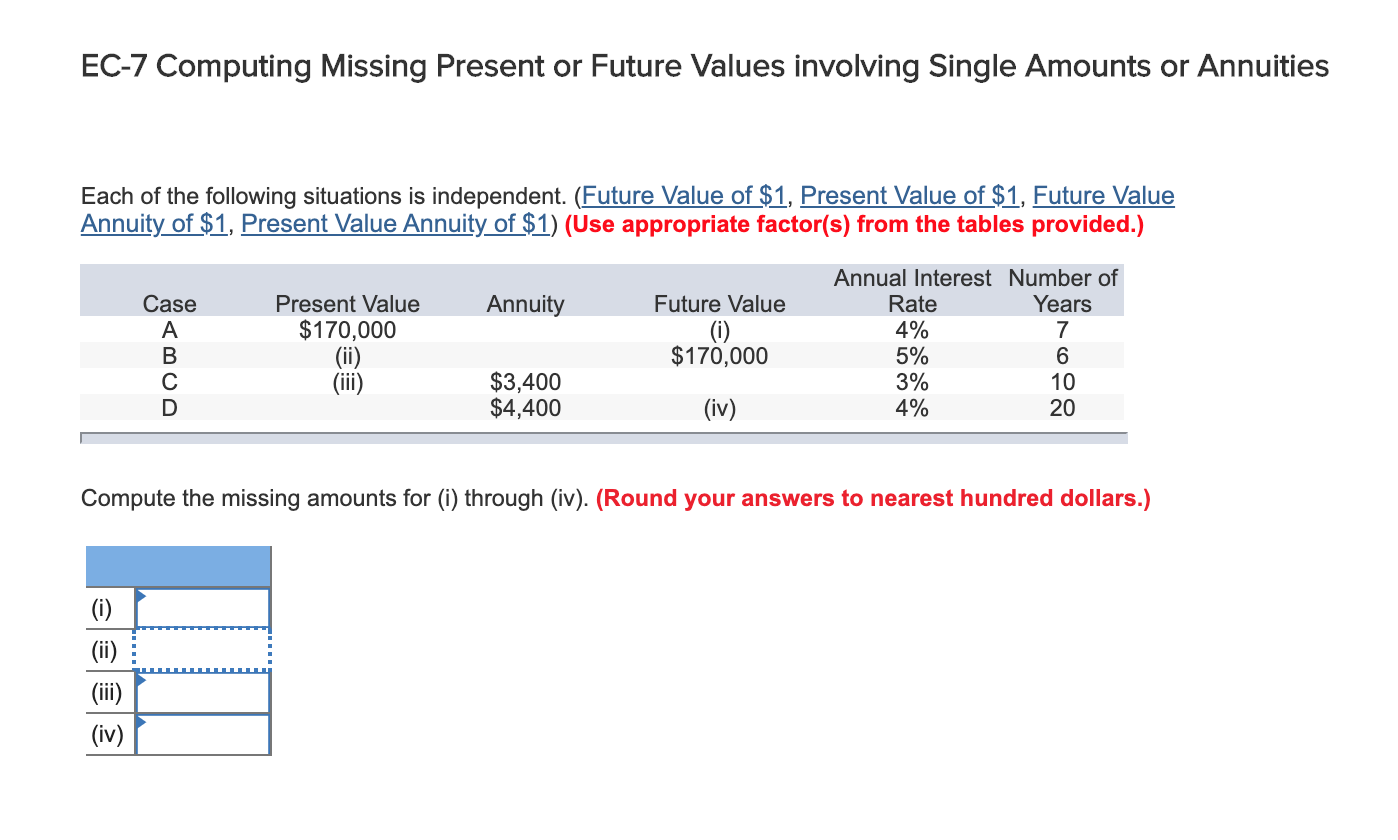 Solved EC-7 Computing Missing Present or Future Values | Chegg.com