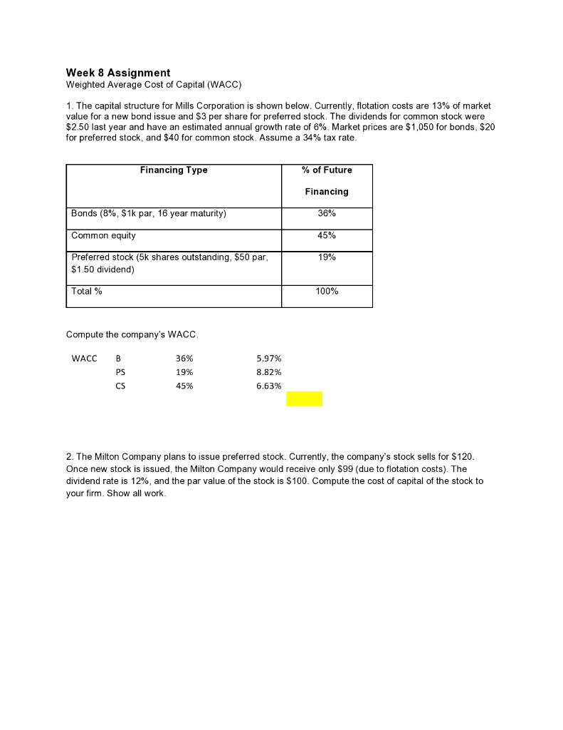 Solved Week 8 Assignment Weighted Average Cost of Capital | Chegg.com