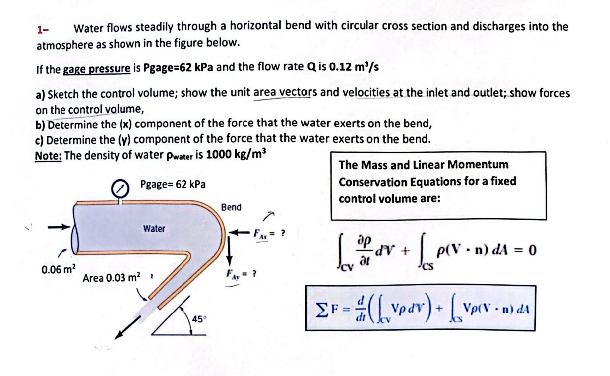 Solved 1- ﻿Water flows steadily through a horizontal bend | Chegg.com