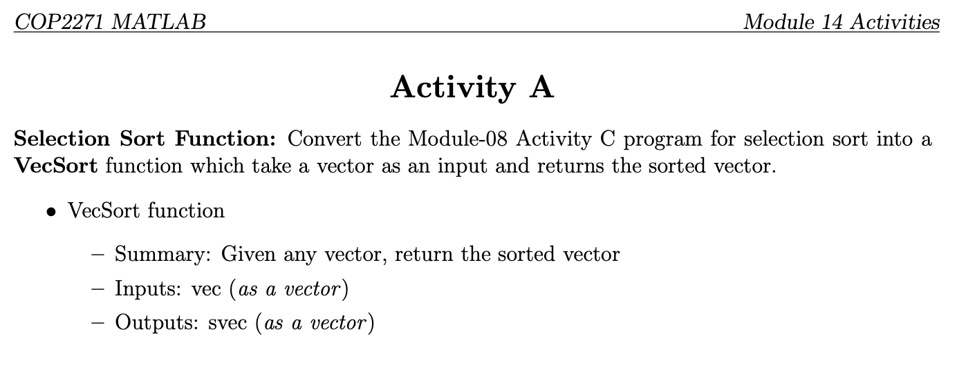 Solved COP2271 MATLAB Module 14 Activities Activity A | Chegg.com