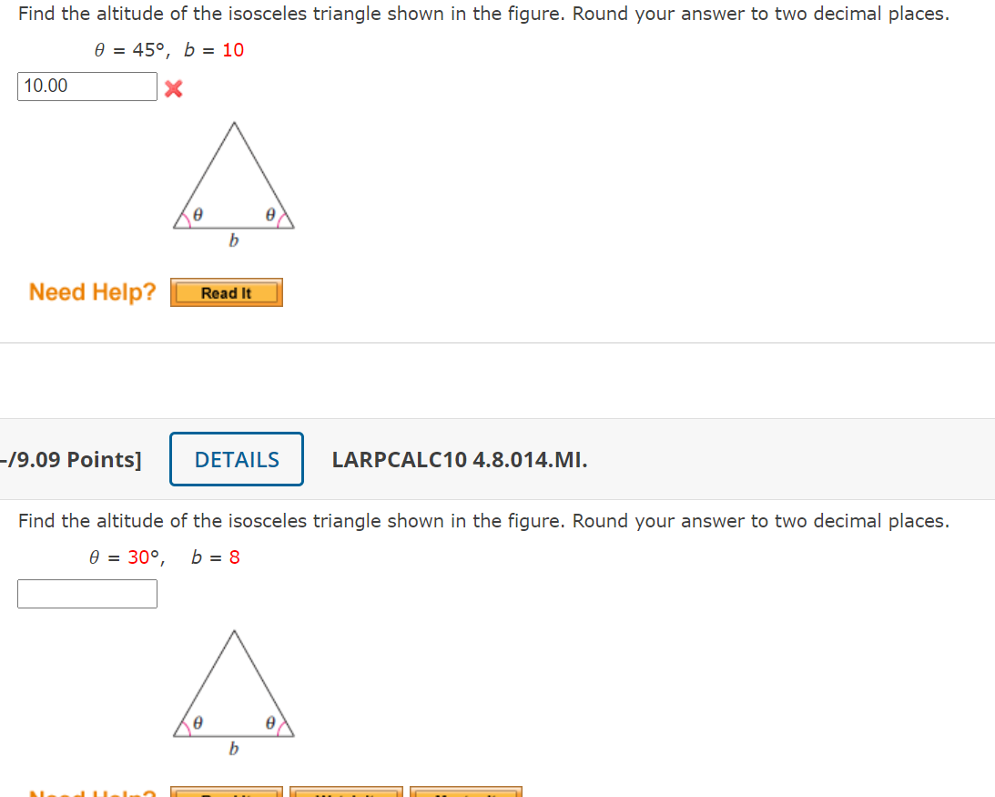Solved Find the altitude of the isosceles triangle shown in | Chegg.com