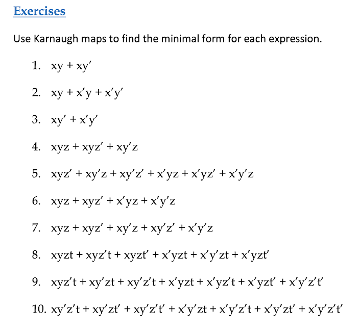 Solved Exercises Use Karnaugh maps to find the minimal form | Chegg.com