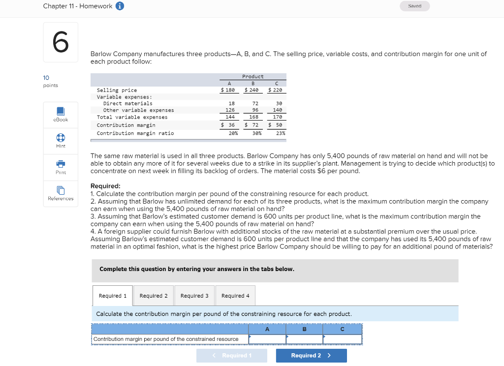 Solved Chapter 11 - Homework Saved Barlow Company | Chegg.com