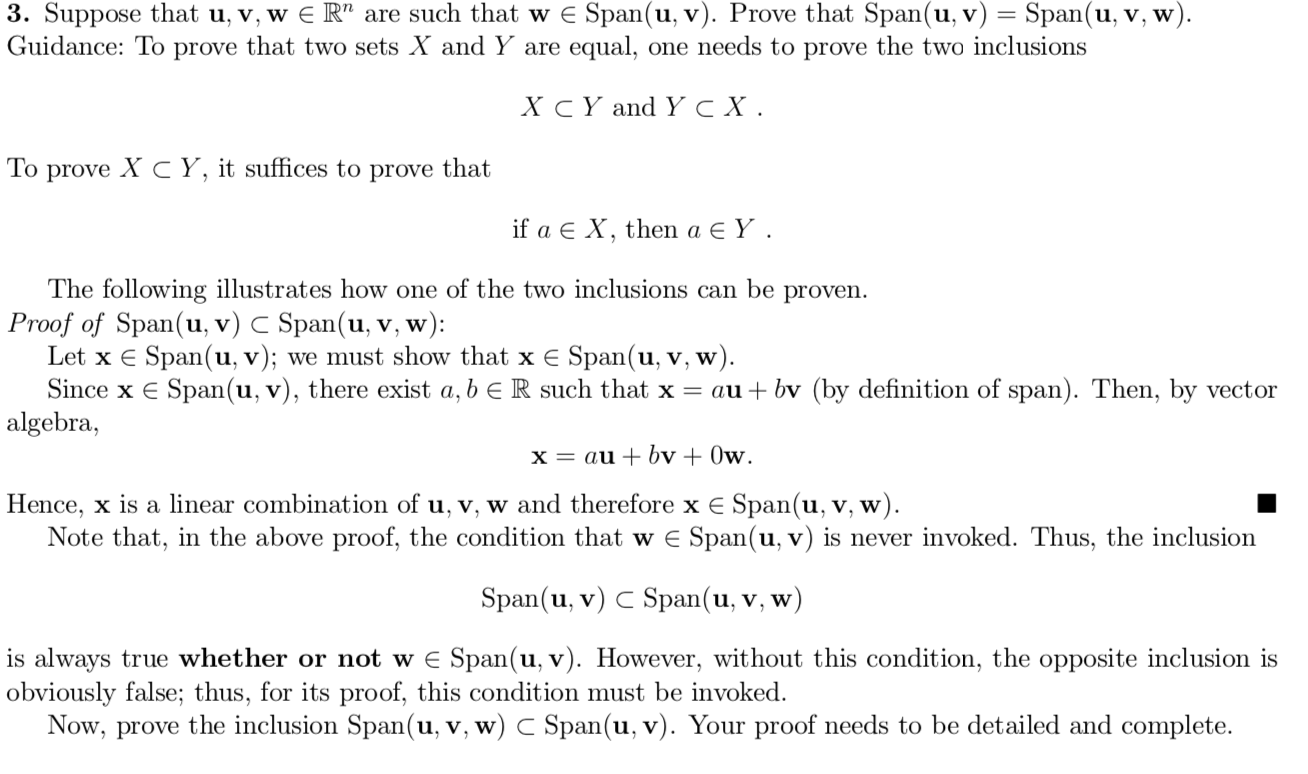 Solved 3. Suppose that u, v, w ER" are such that w e Span(u, | Chegg.com