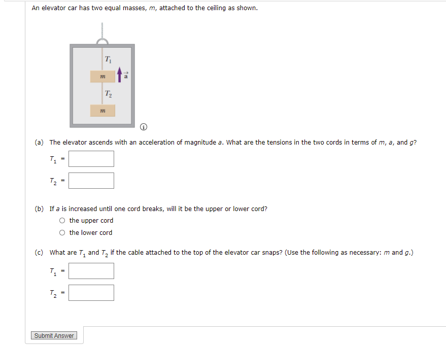 Solved An elevator car has two equal masses, m, attached to | Chegg.com