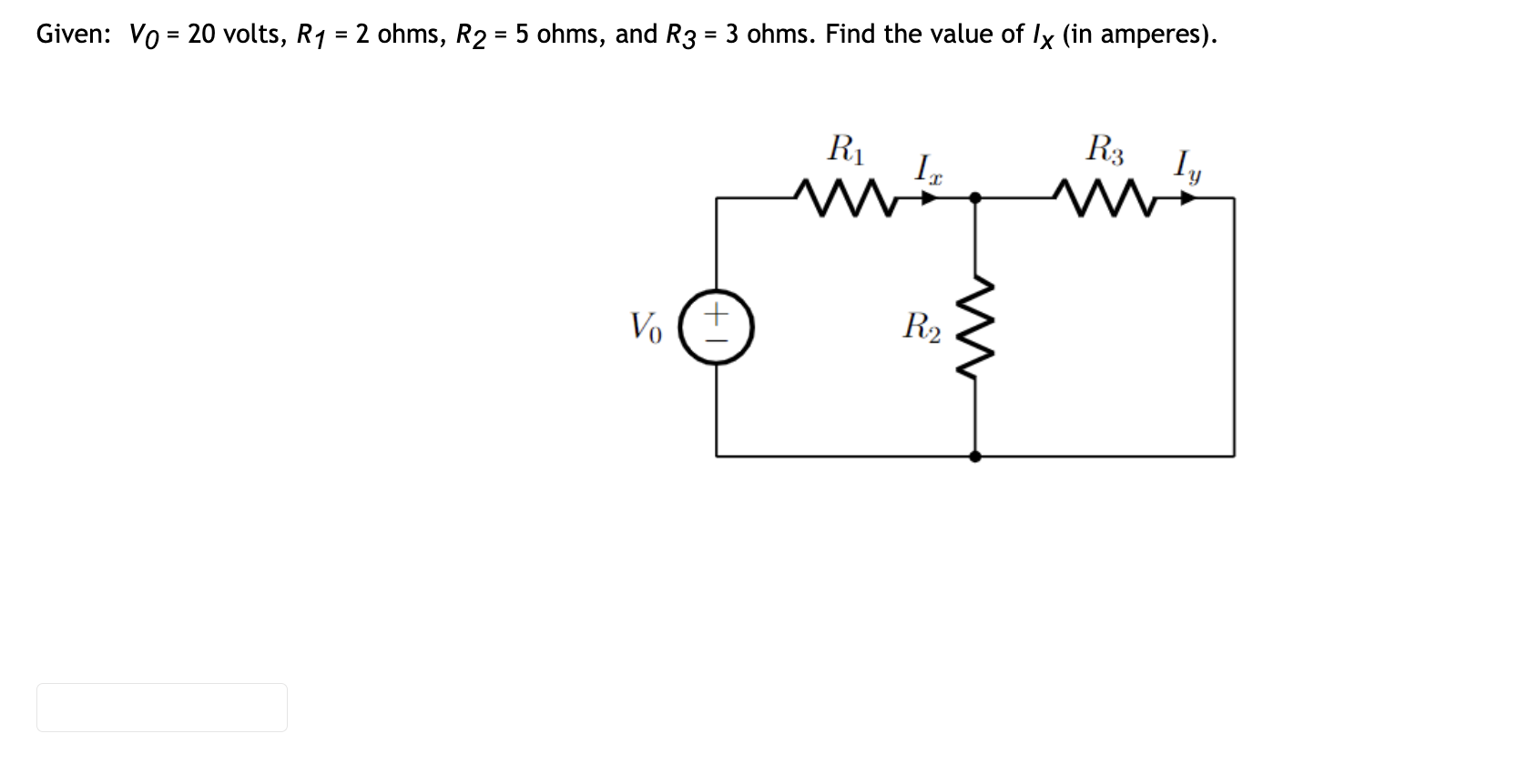 Solved Given: V0=20 volts, R1=2 ohms, R2=5 ohms, and R3=3 | Chegg.com