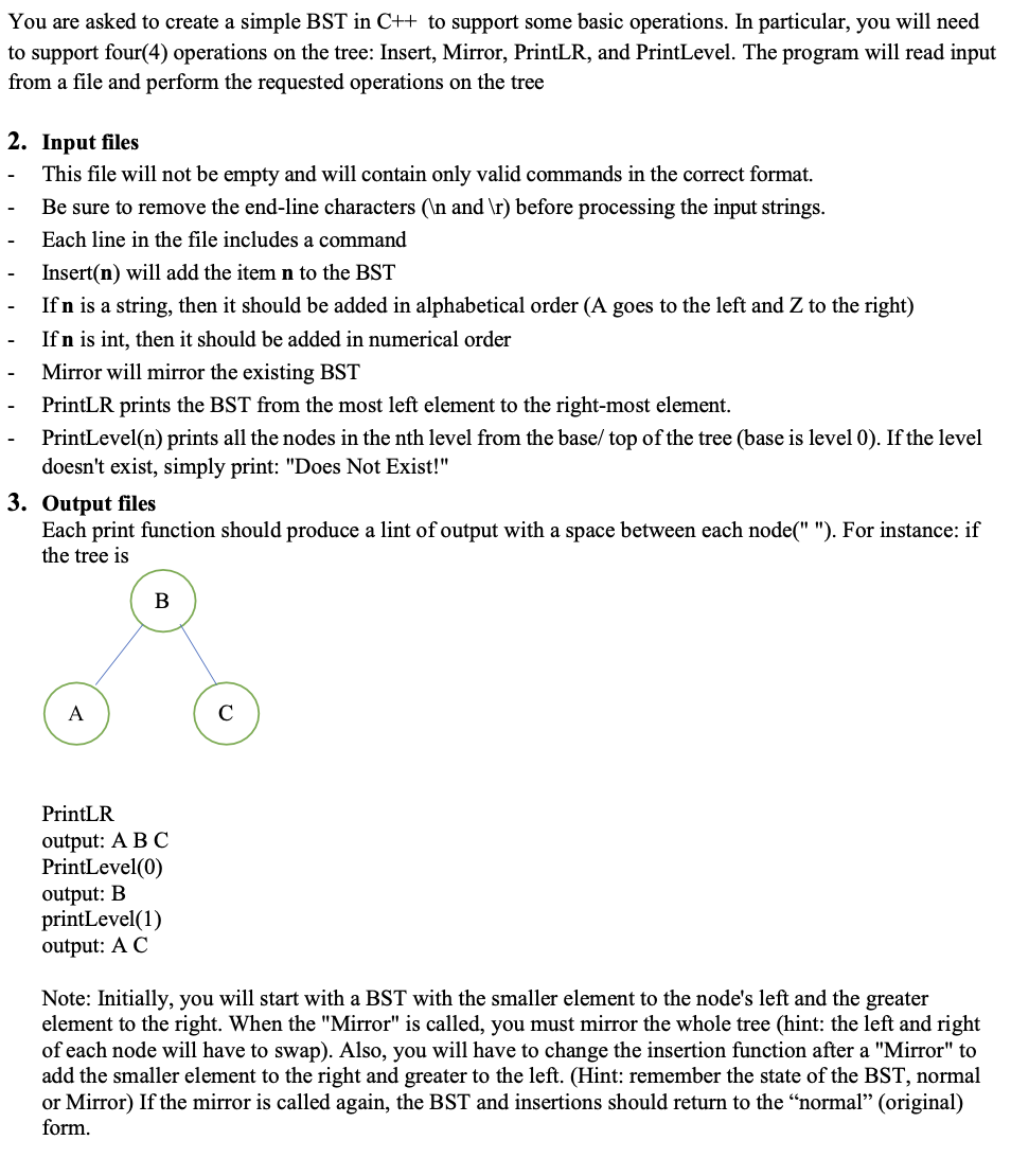 Solved You are asked to create a simple BST in C++ to | Chegg.com