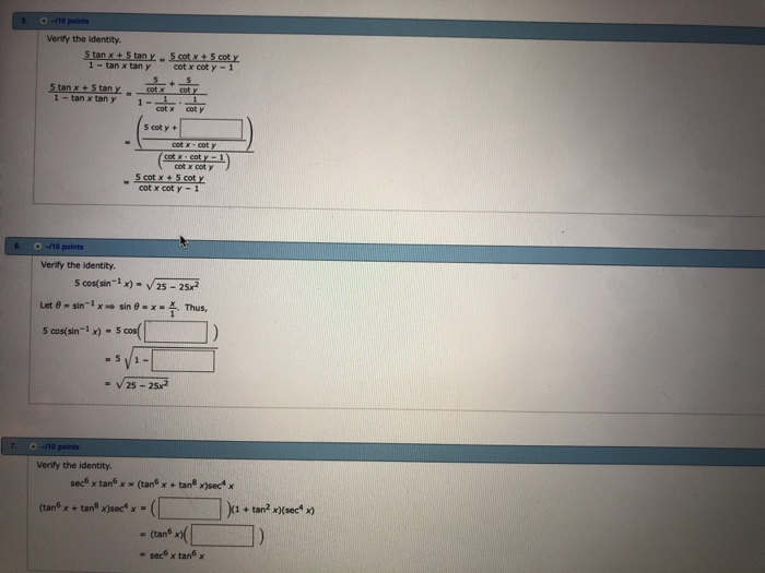 Solved s O-Pto points Verify the identity 1 -tan x tan y cot | Chegg.com