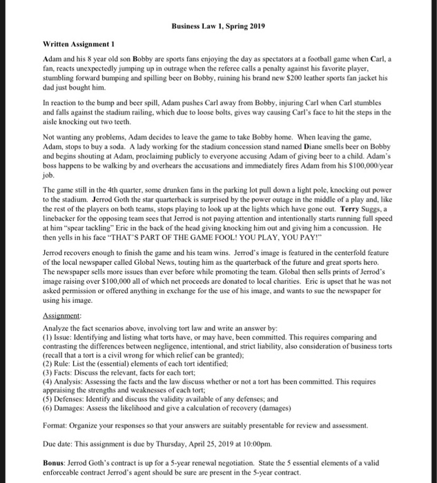 Solved Business Law 1, Spring 2019 Written Assignment 1 Adam | Chegg.com