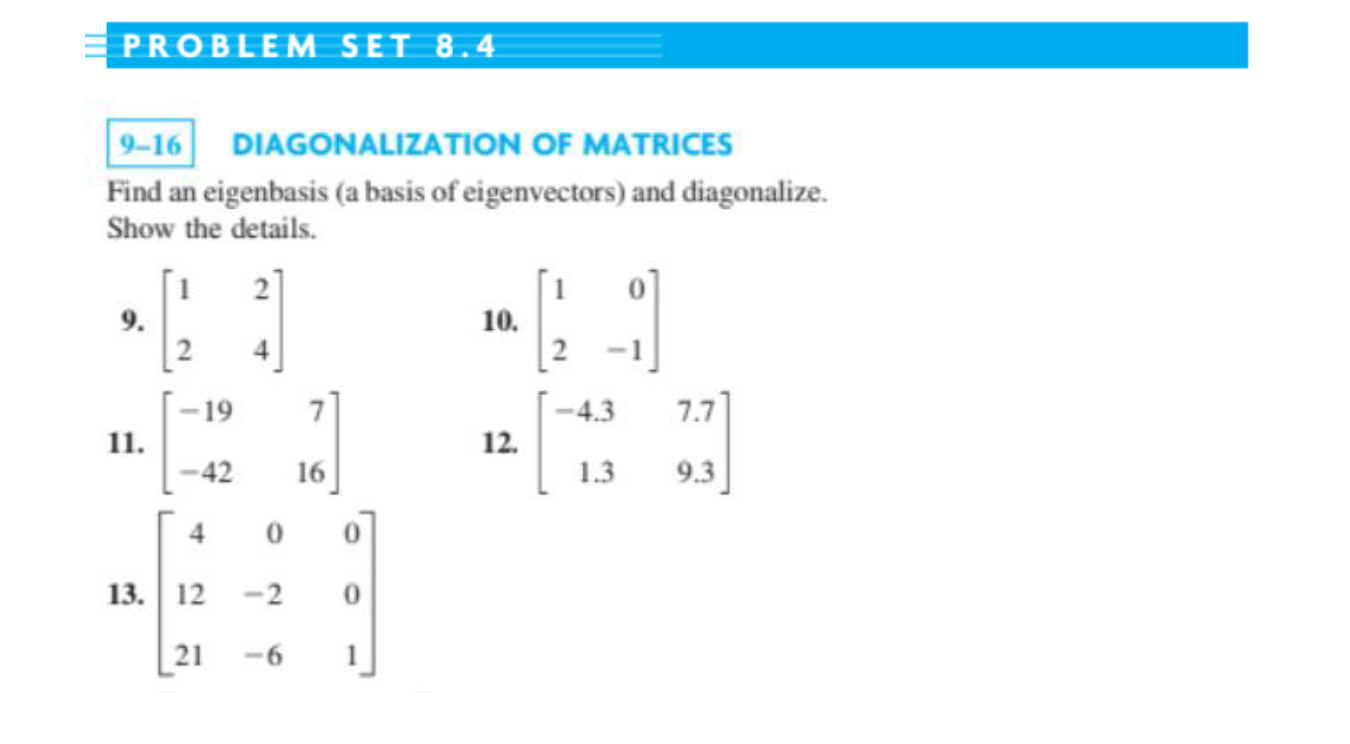 Solved PROBLEM SET 8.4 9-16 DIAGONALIZATION OF MATRICES Find | Chegg.com