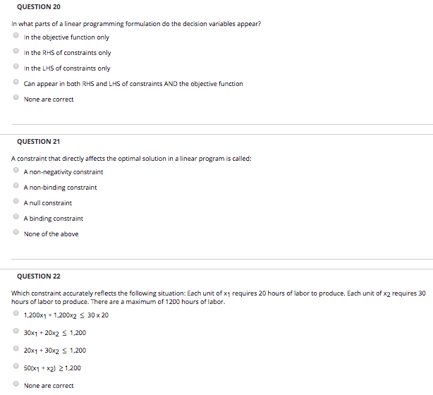 Solved QUESTION 20 In what parts of a linear programming | Chegg.com