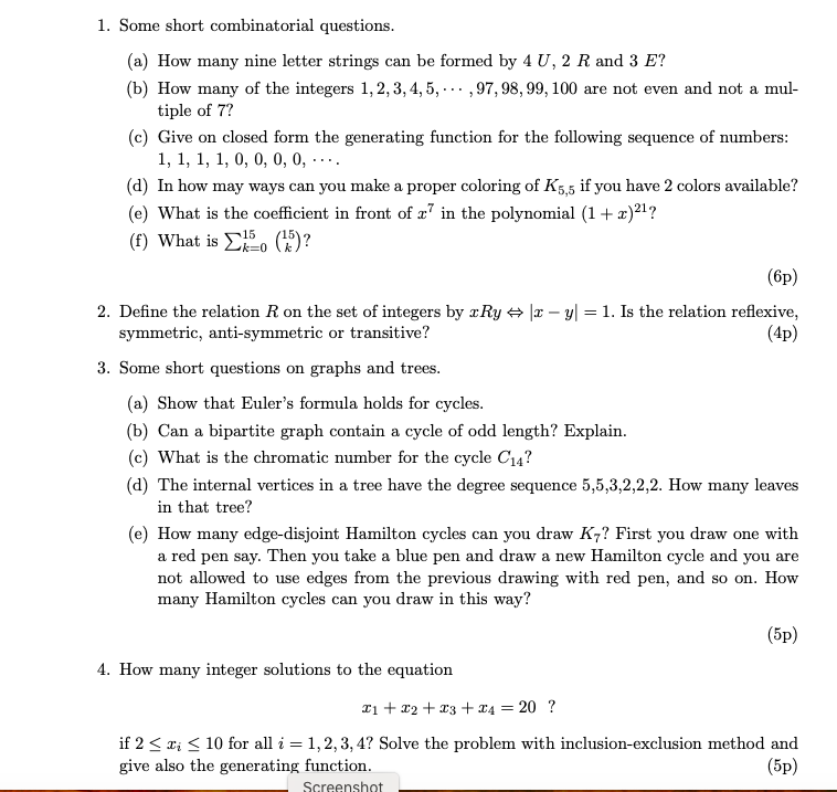 Solved 1. Some short combinatorial questions. (a) How many | Chegg.com
