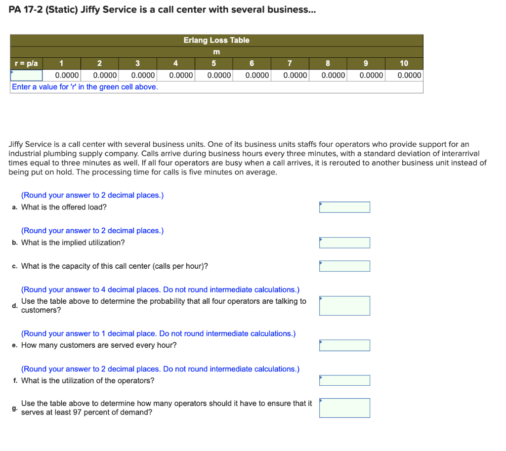 Solved PA 17-2 (Static) Jiffy Service is a call center with | Chegg.com