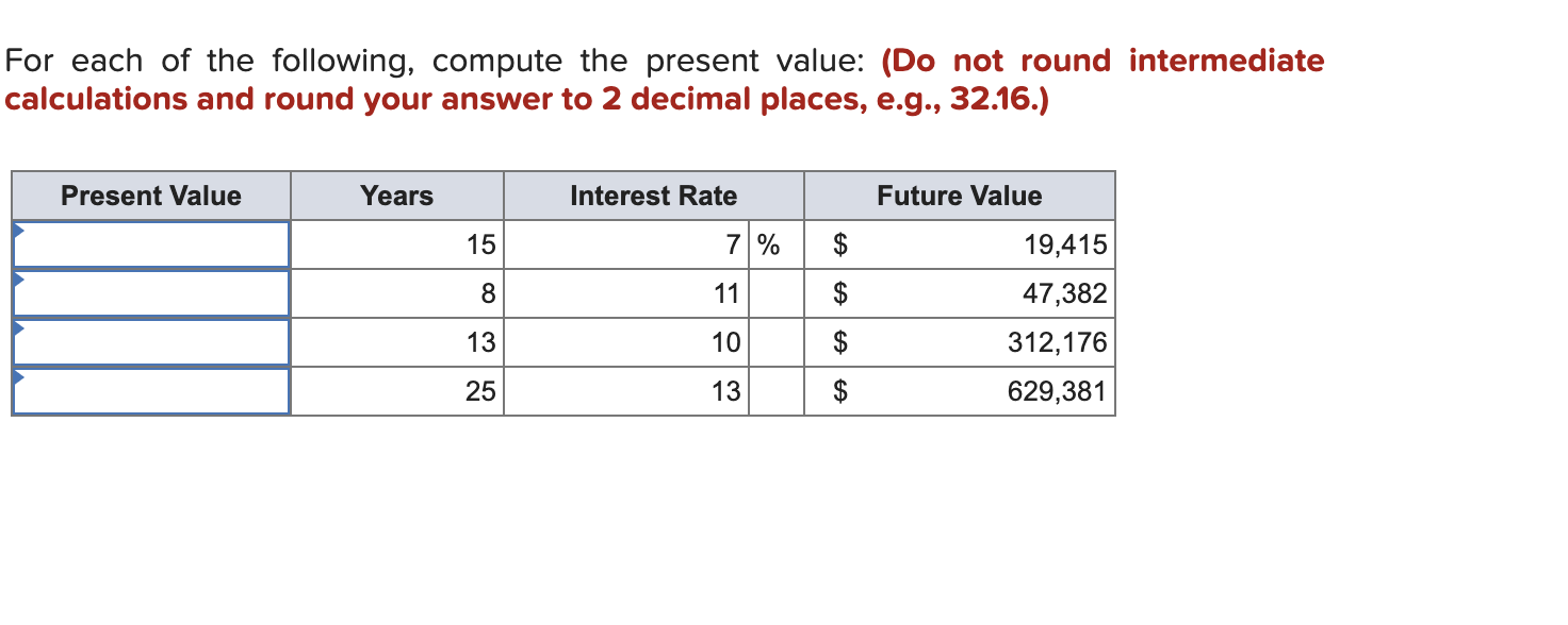 Solved For each of the following, compute the present value: | Chegg.com